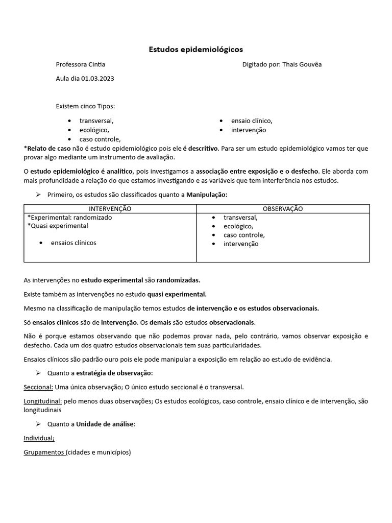 Tipos de Estudos Epidemiológicos | PDF | Epidemiologia | Teste clínico