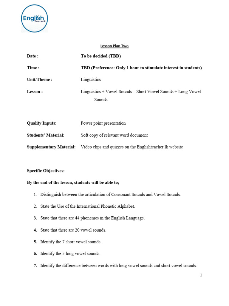 Lesson Plan Two | PDF | Consonant | Vowel