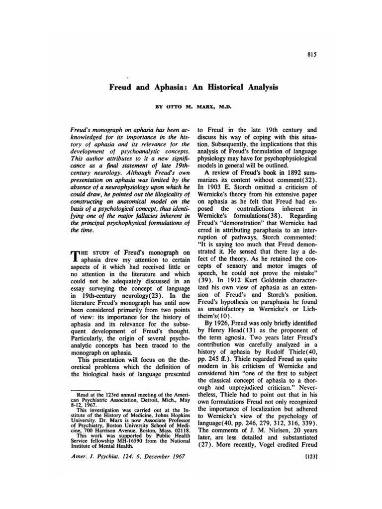 Marx, Otto M. Freud and Aphasia - An Historical Analysis | PDF | Sigmund Freud | Psychoanalysis