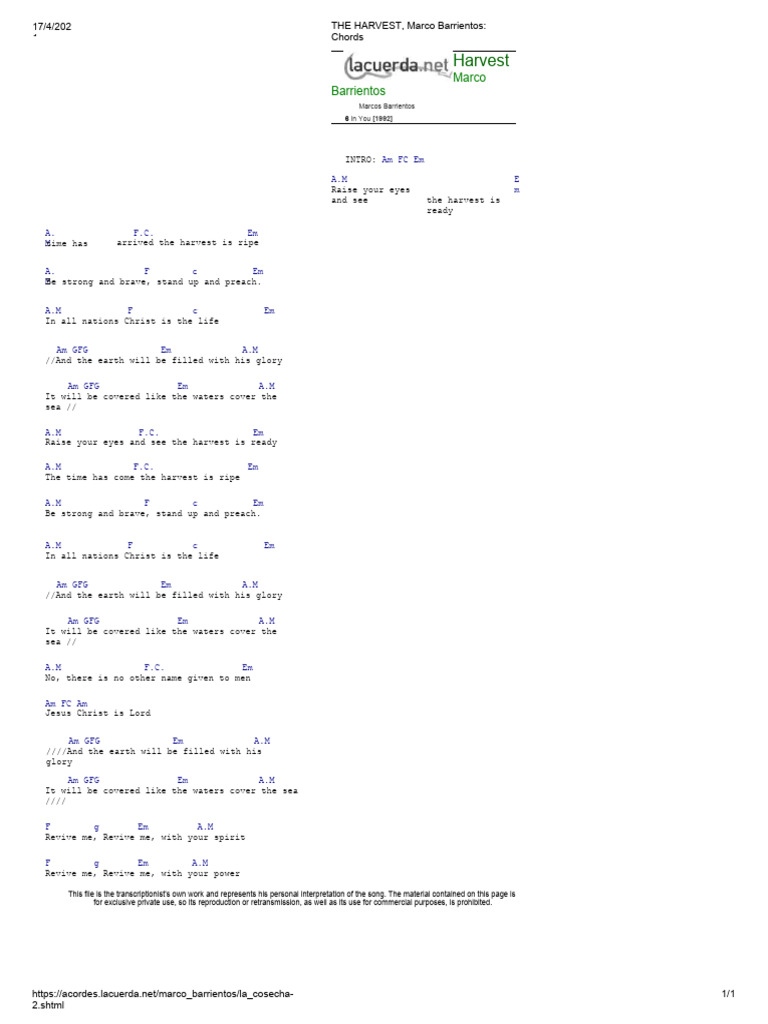 THE HARVEST, Marco Barrientos - Chords | PDF | Jesus | Systematic Theology