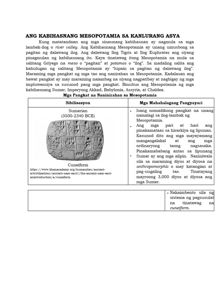 Ang Kabihasnang Mesopotamia Sa Kanlurang Asya - G8 | PDF