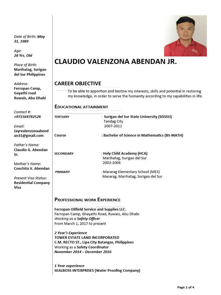 CV - Claudio V. Abendan Jr. Updated Resume | PDF | Occupational Safety And Health | Safety