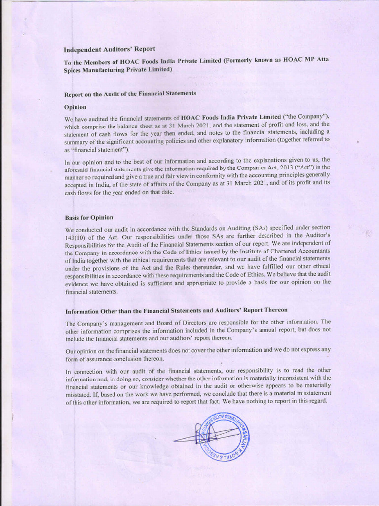 HOAC Copy of Financial Staements Duly Authenticated As Per Section 134 (Including Boards Report ...