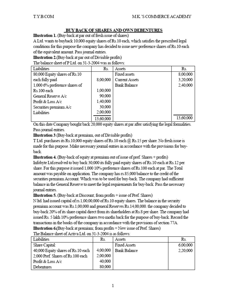Buy-Back of Shares: Journal Entries Guide | PDF | Equity (Finance ...