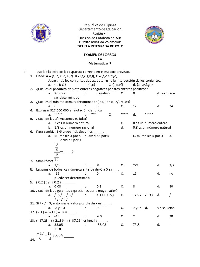 Prueba de Diagnóstico de Matemáticas 7 | PDF | Ángulo | Números