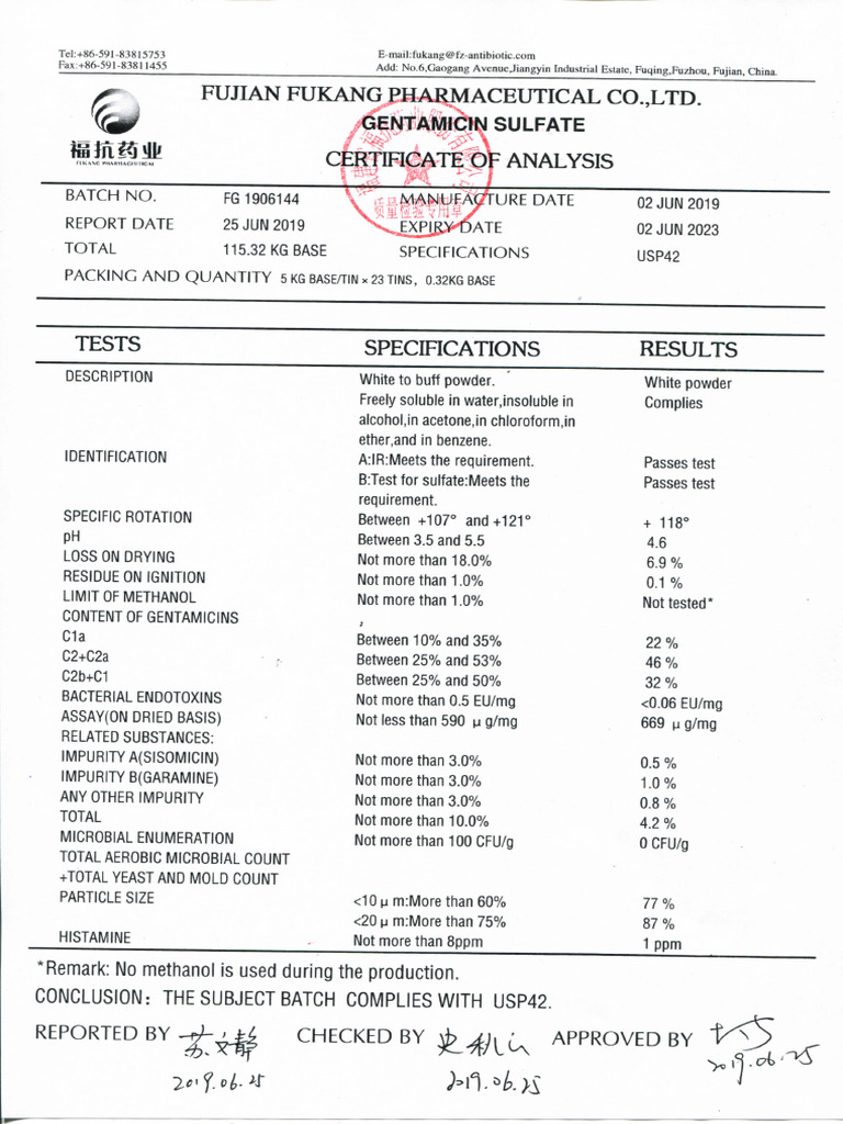 COA-Gentamicin Sulfate USP Ex Fujian Fukang | PDF