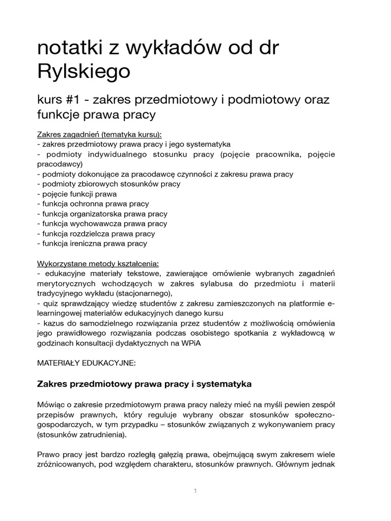 Prawo Pracy Notatki Rylski | PDF