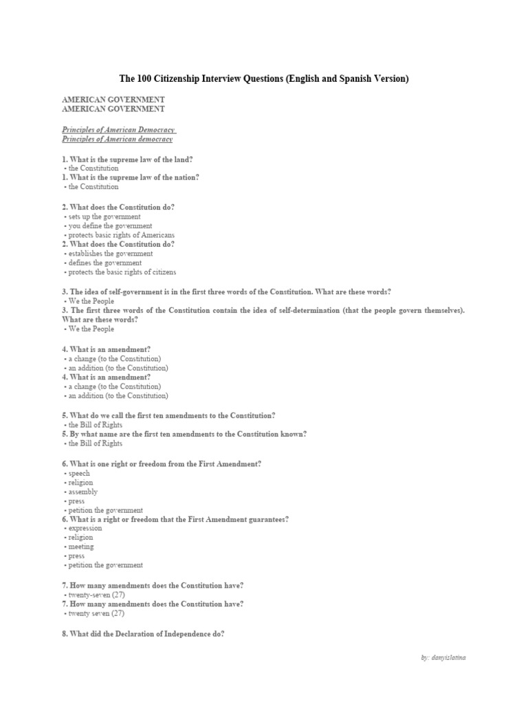 The 100 Citizenship Interview Questions (English and Spanish Version ...