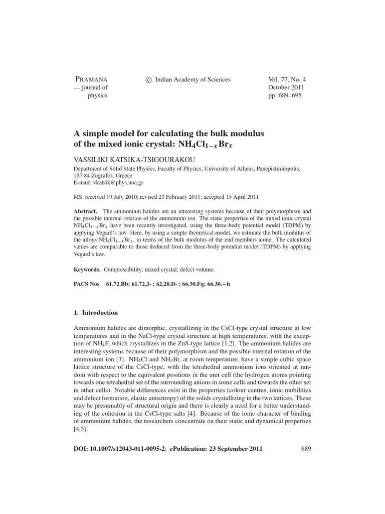 A Simple Model For Calculating The Bulk Modulus of The Mixed Ionic Crystal: NH CL BR | PDF ...