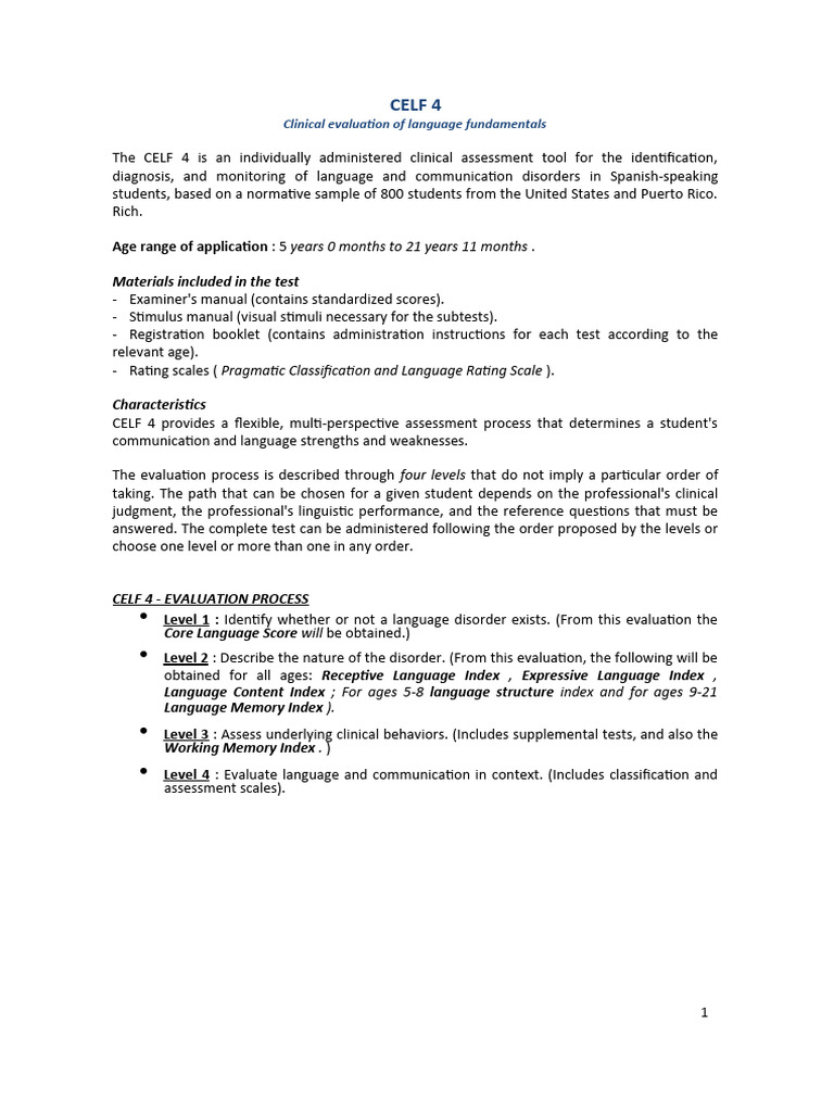CELF 4 Manual Notes | Download Free PDF | Word | Morphology (Linguistics)