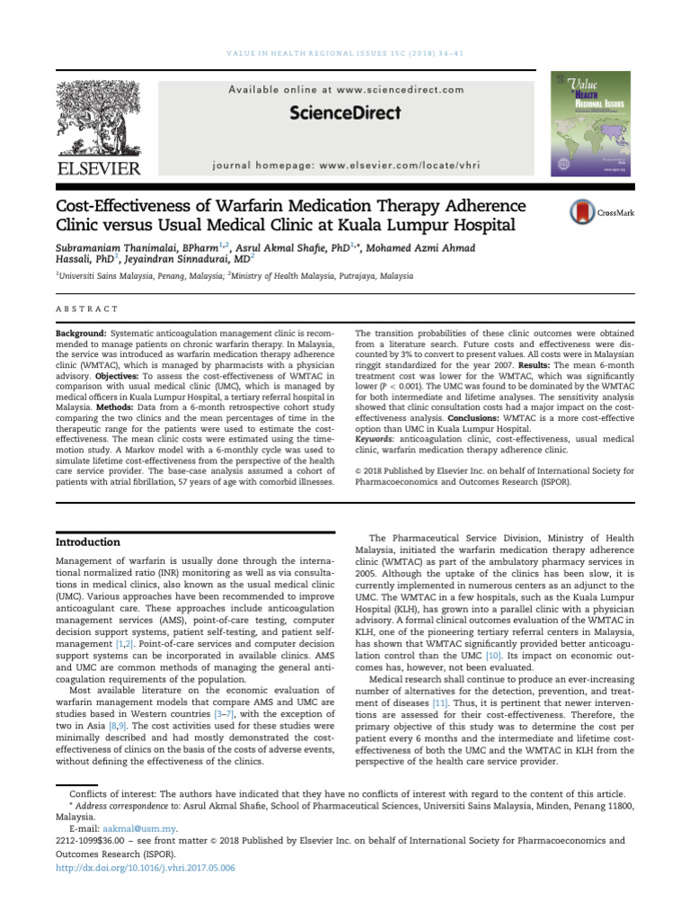 Cost-Effectiveness of Warfarin Medication Therapy Adherence Clinic ...