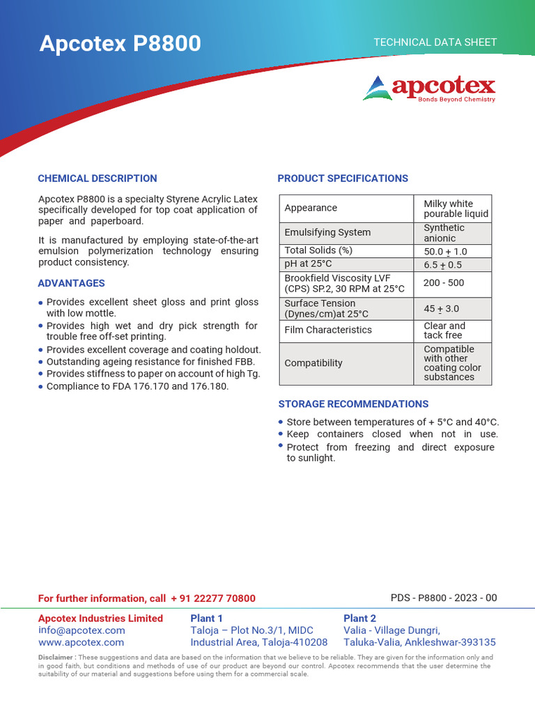 Apcotex P8800: Product Specifications Chemical Description | PDF ...
