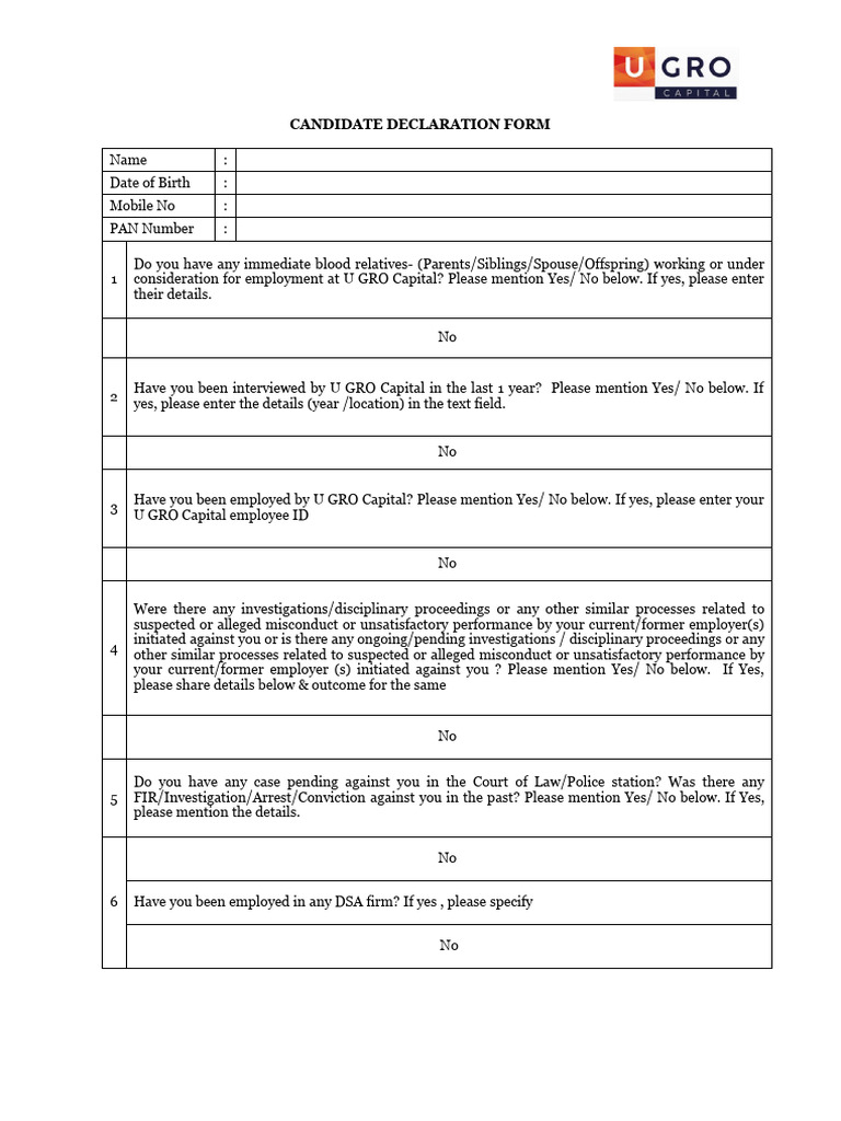 U GRO Capital Candidate Declaration Form | PDF