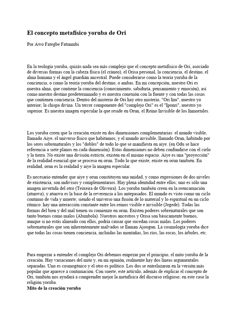 El Concepto Metafísico Yoruba de Ori | PDF | Alma | Naturaleza