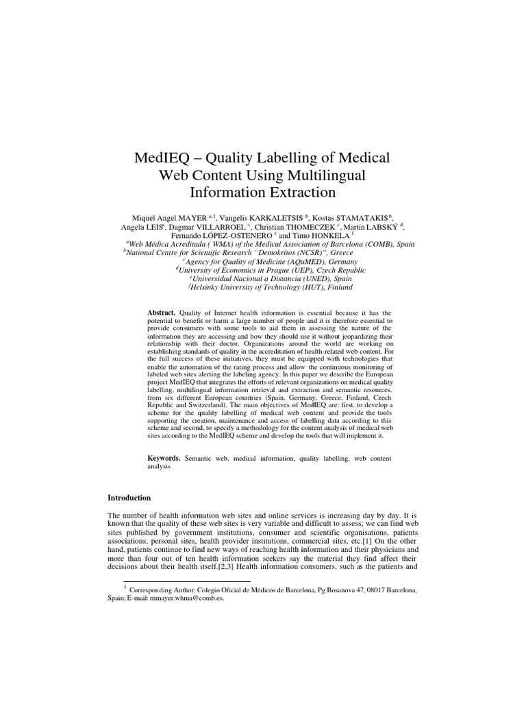 MedIEQ Quality Labelling of Medical Web | PDF | World Wide Web ...