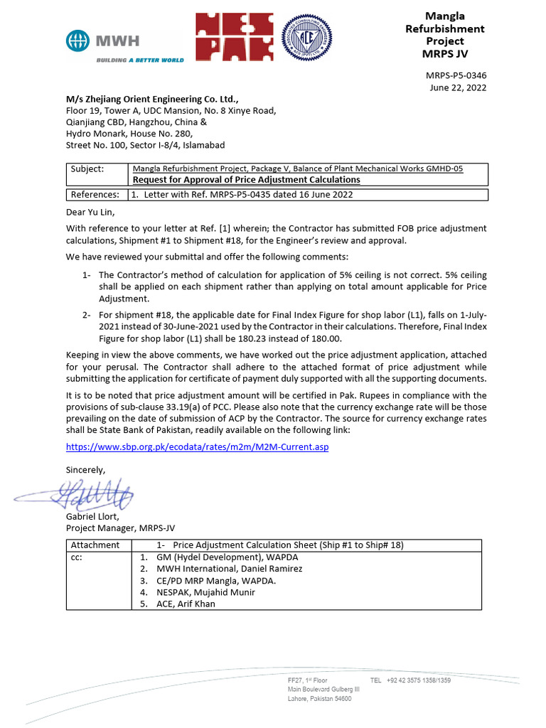 220622-Engr's Comment On Price Adjustment Calculations-FOB | PDF ...