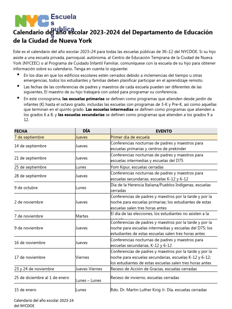 Calendario Del Año Escolar 2023-24 (Actualizado) | PDF | Escuelas