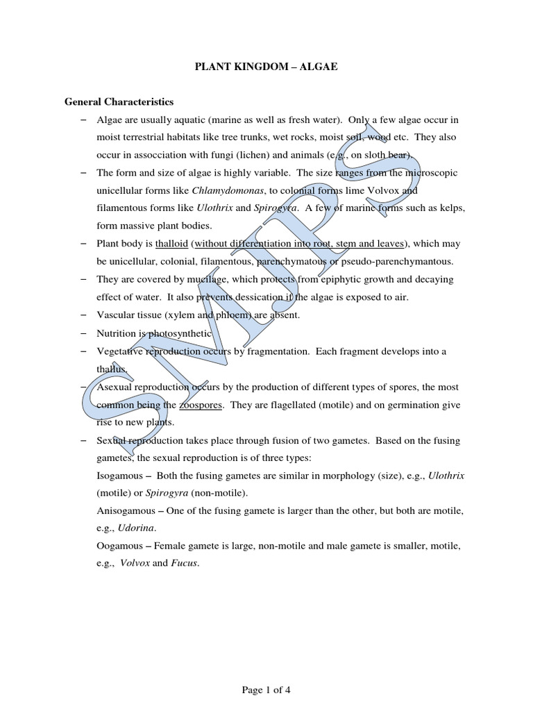 Plant Kingdom Algae Notes | PDF | Algae | Reproduction