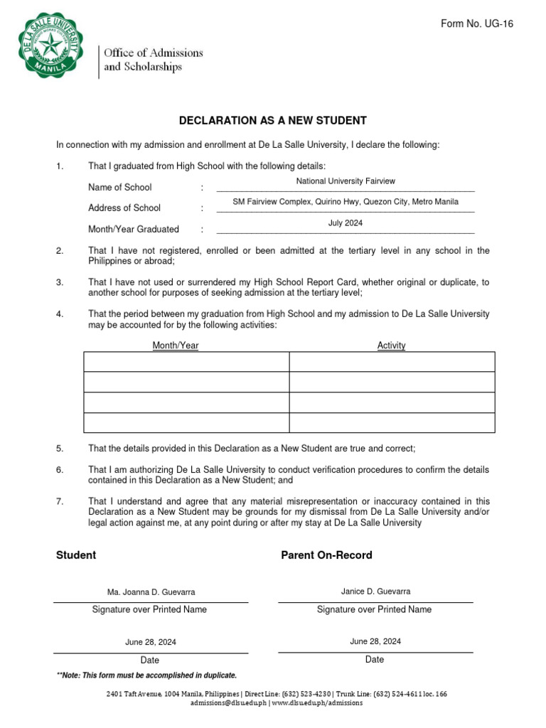 Admission Declaration As New Student | PDF