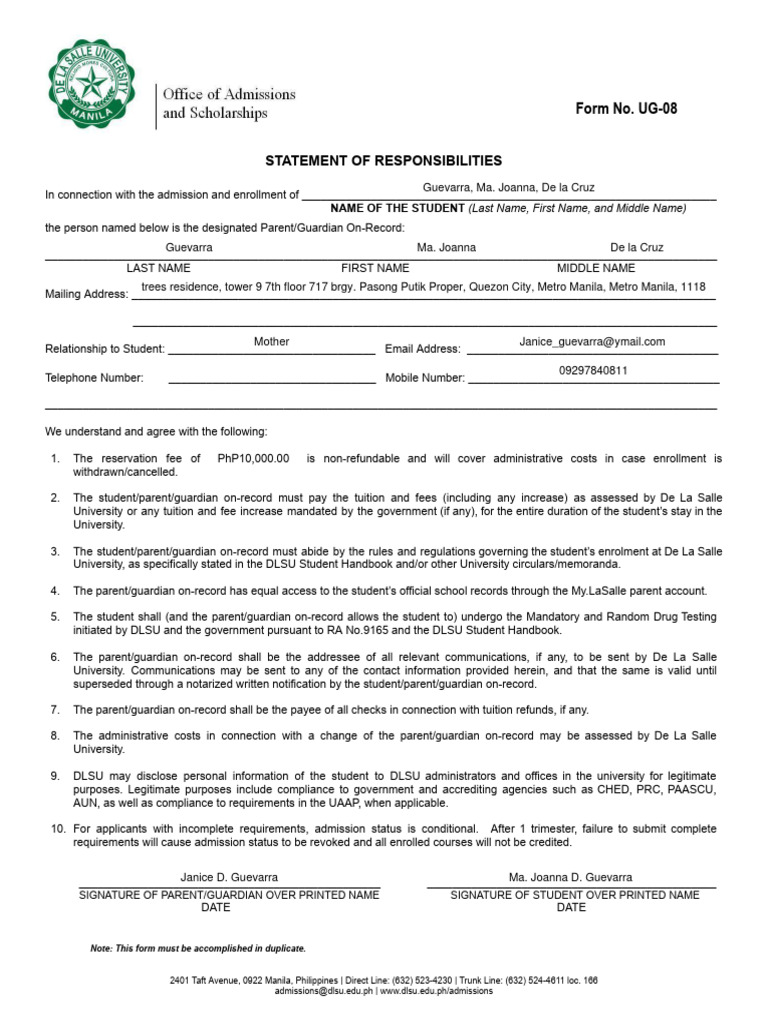 Admission Statement of Responsibilities | PDF