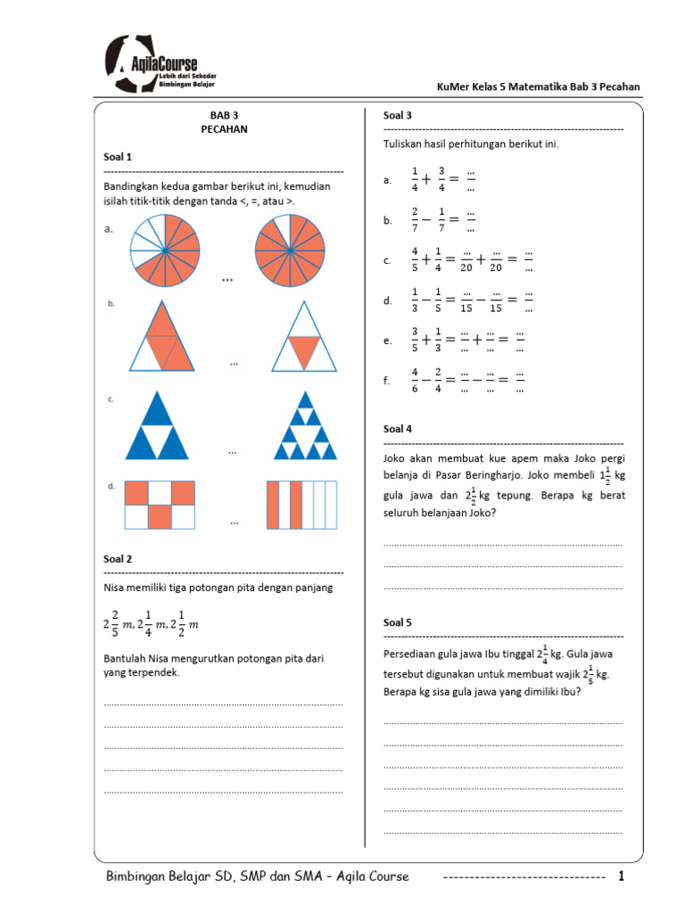 Kelas 5 Matematika Bab 3 Pecahan Kumer 2022 | PDF