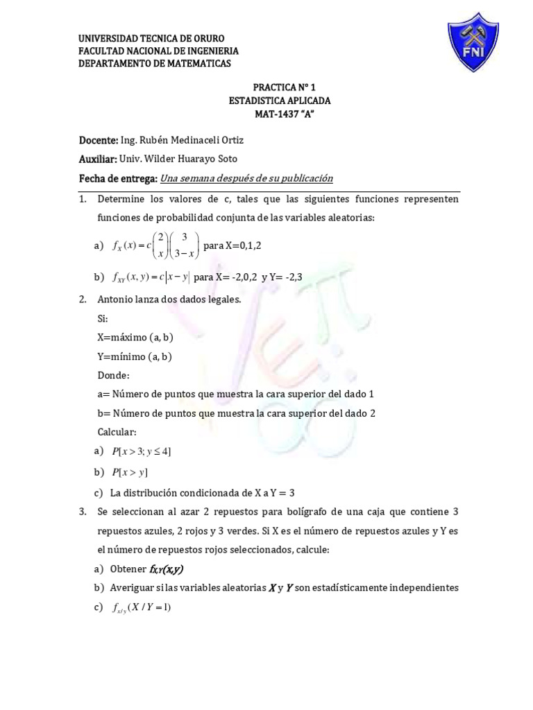 Práctica #1 - MAT 1437 A | PDF | Función de densidad de probabilidad | Probabilidad