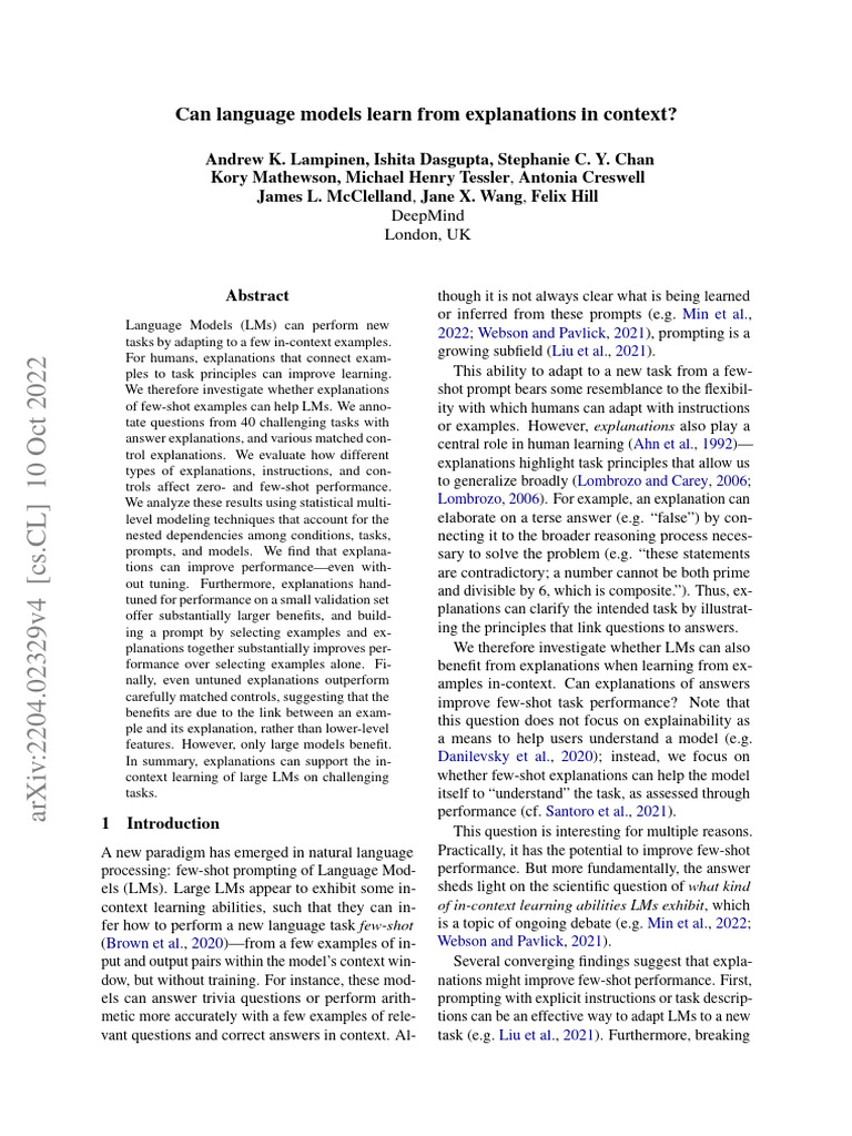 Can Language Models Learn From Explanations in Context? | PDF | Reason | Cognition
