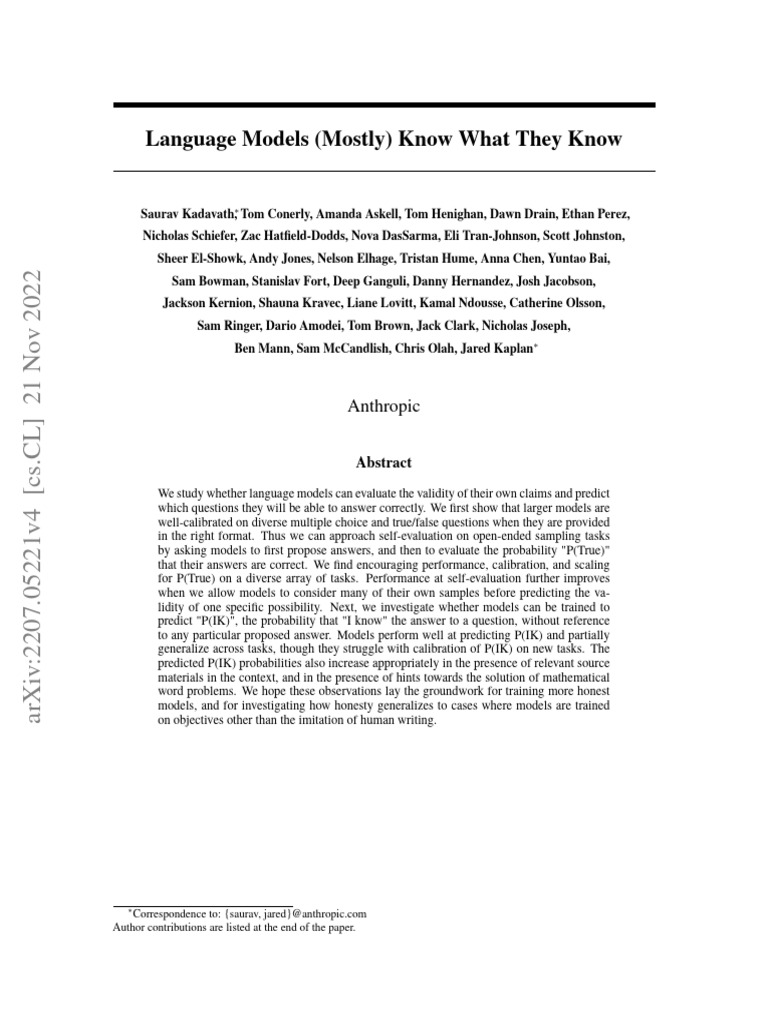 Language Models (Mostly) Know What They Know: Anthropic | PDF | Accuracy And Precision ...