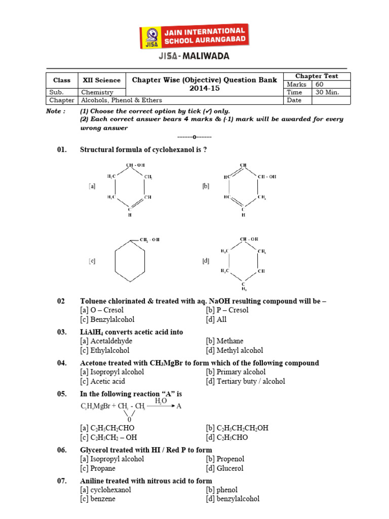 11 - Alcohols, Phenol & Ethers - 12 Science Chem OBJ QB | PDF | Ethanol | Chemistry