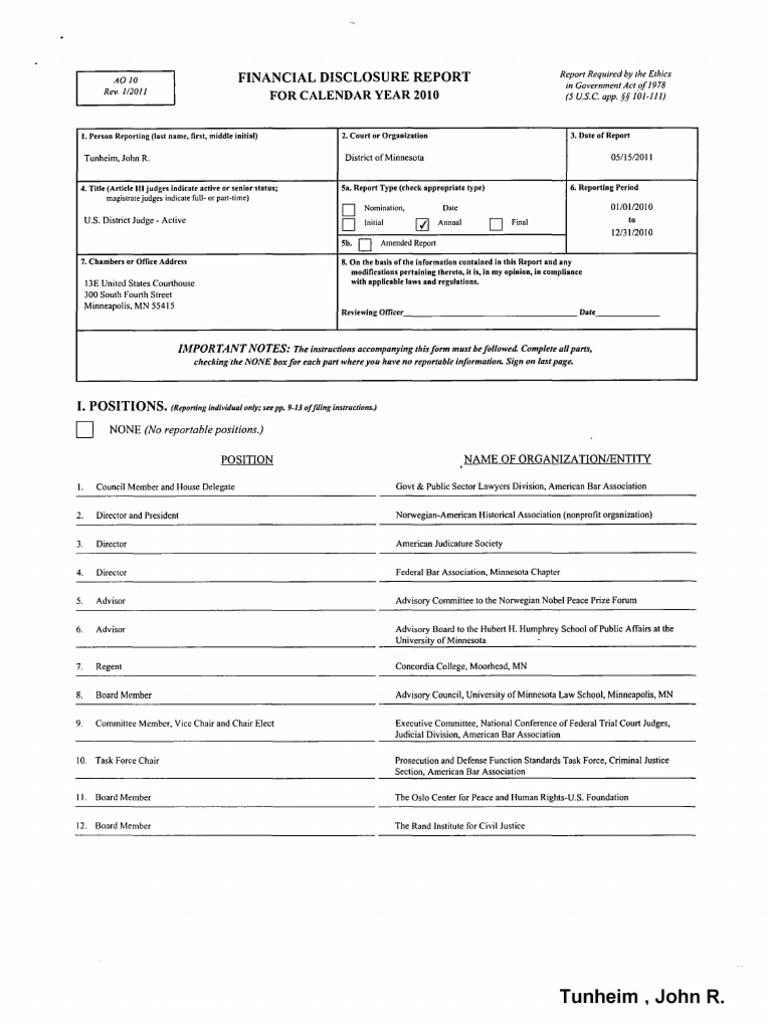 John R Tunheim Financial Disclosure Report For 2010 | PDF | American ...
