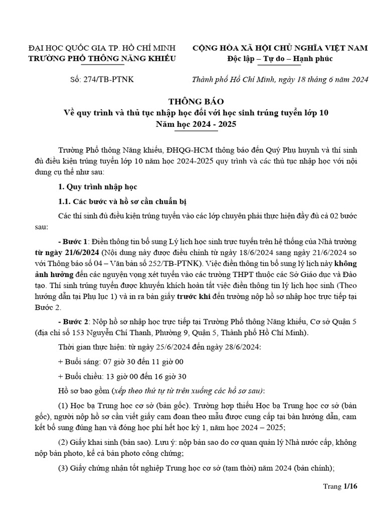 TB 274 Quy Trinh Va Thu Tuc Nhap Hoc Lop 10, Nam Hoc 2024 - 2025 | PDF