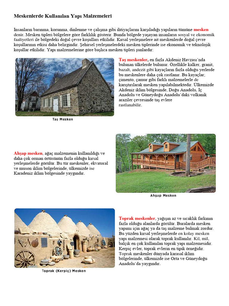 Meskenlerde Kullanilan Yapi Malzemeleri | PDF