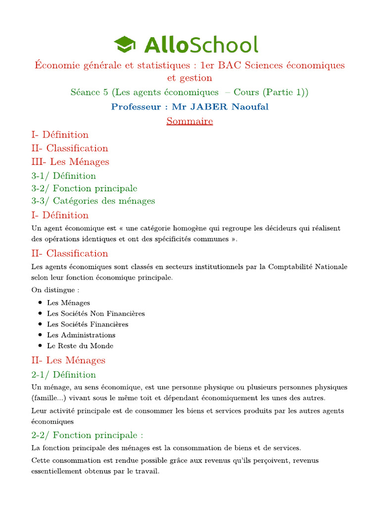 Seance 5 Les Agents Economiques Cours Partie 1 3 | PDF