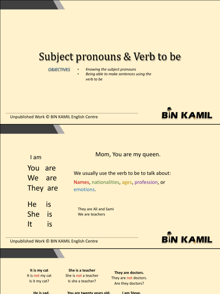 Subject Pronouns & Verb To Be Guide | PDF | Language Arts & Discipline