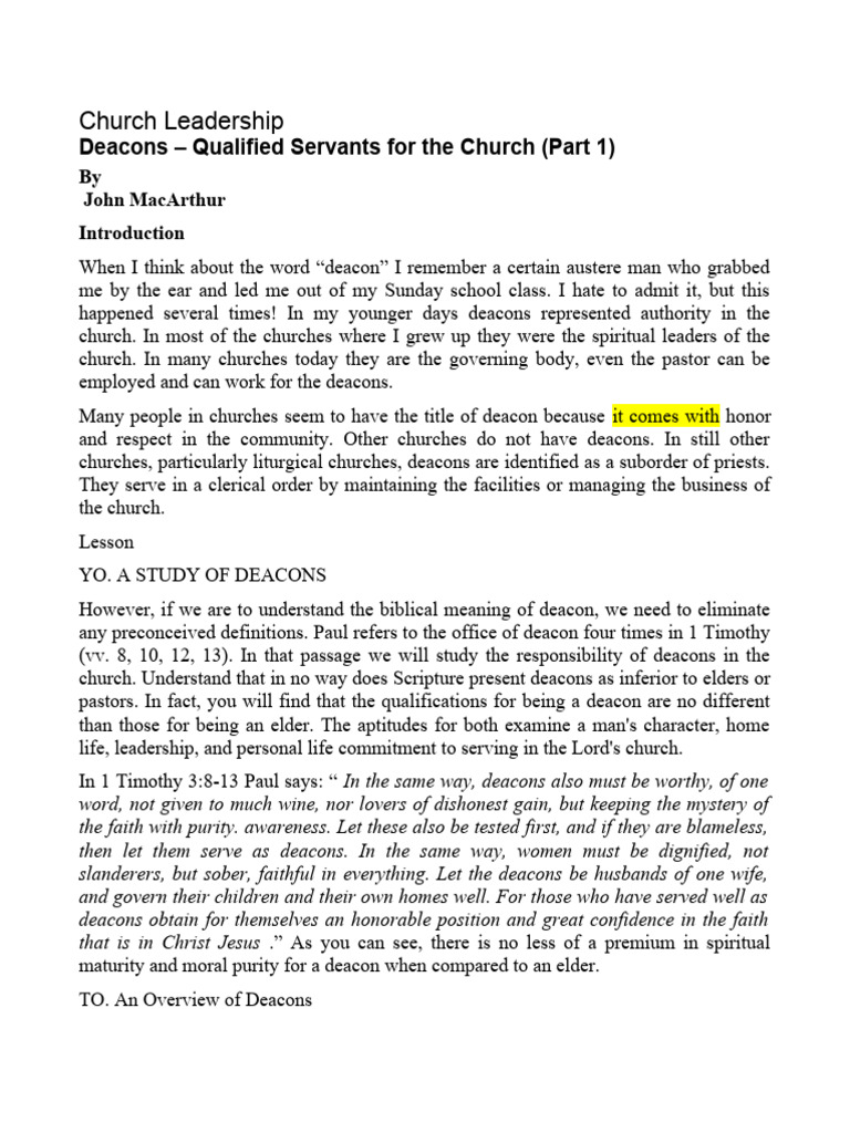 The Leadership of The John MacArthur Deacon Church | PDF | Elder ...