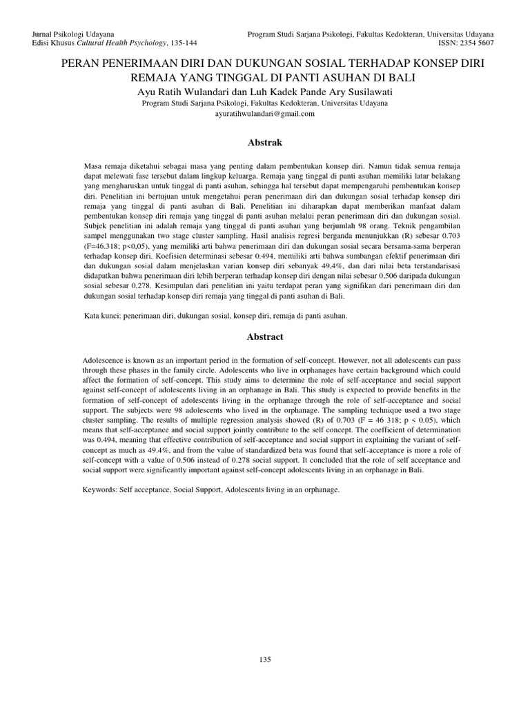 Peran Penerimaan Diri Dan Dukungan Sosial Terhadap Konsep Diri Remaja Yang Tinggal Di Panti ...