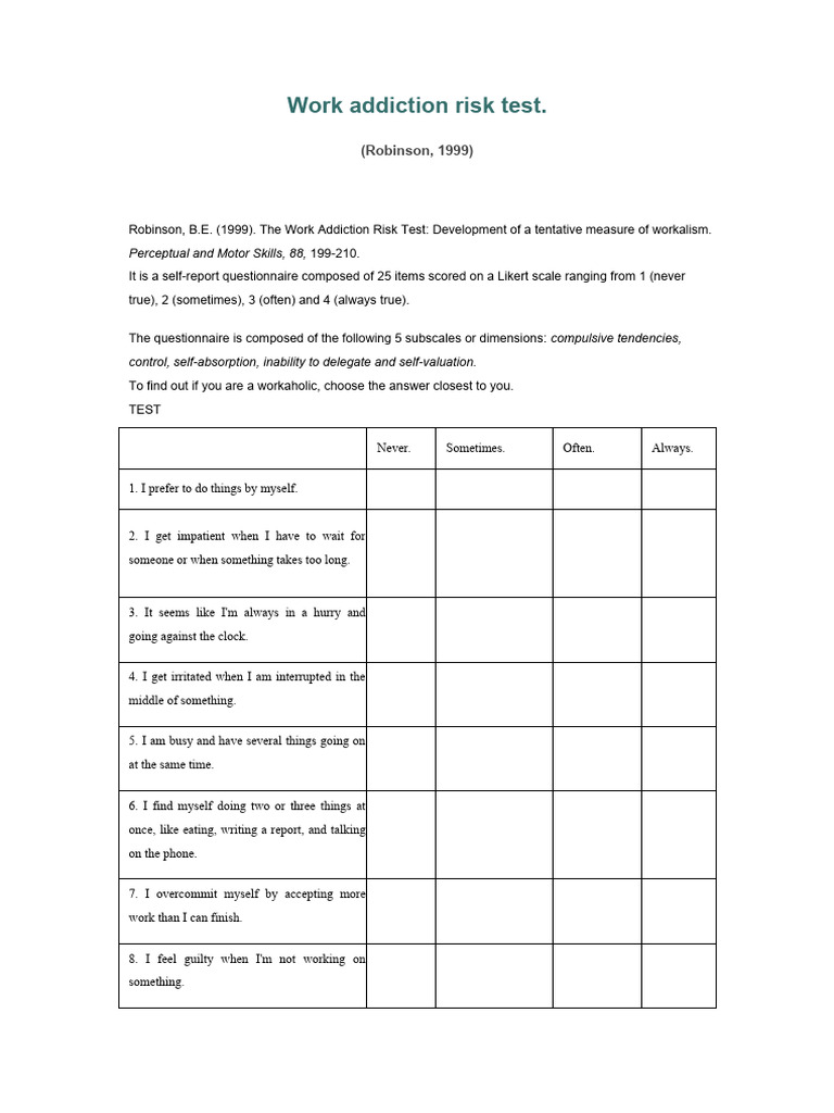 Work Addiction Test | PDF | Self Report Study | Likert Scale