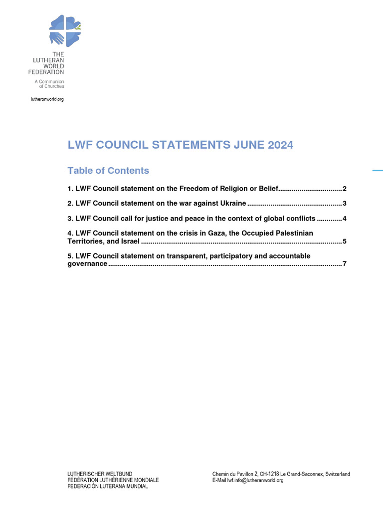 LWF - Council 2024 Statements EN | PDF | Israel | World Politics