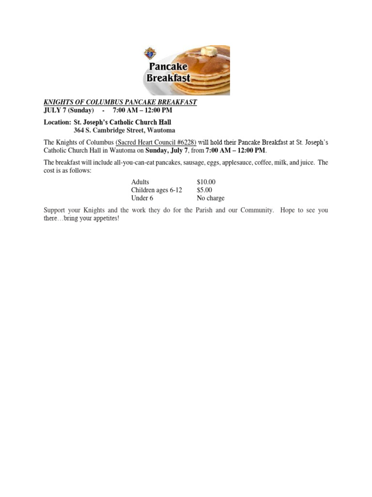 KOC Pancake Breakfast Bulletin Notice - 7-7-24 | PDF