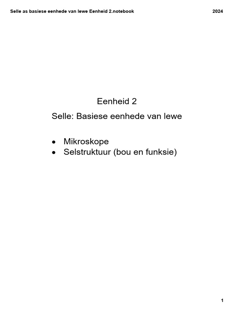 Eenheid 2 - Selle As Basiese Eenhede Van Lewe - Klasnota's | PDF