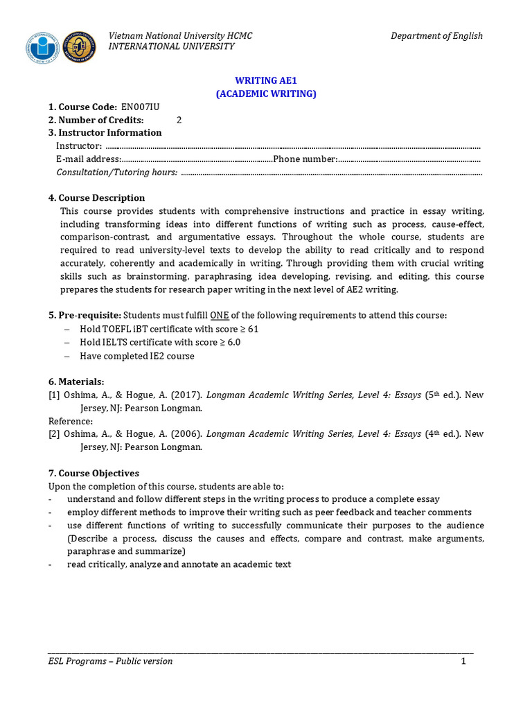 EN007IU Writing AE1 - Public Syllabus - Ver 2.0 | PDF | Essays | Plagiarism