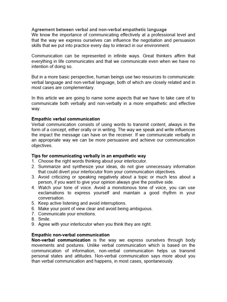Agreement Between Verbal and Non-Verbal Empathic Language | PDF ...