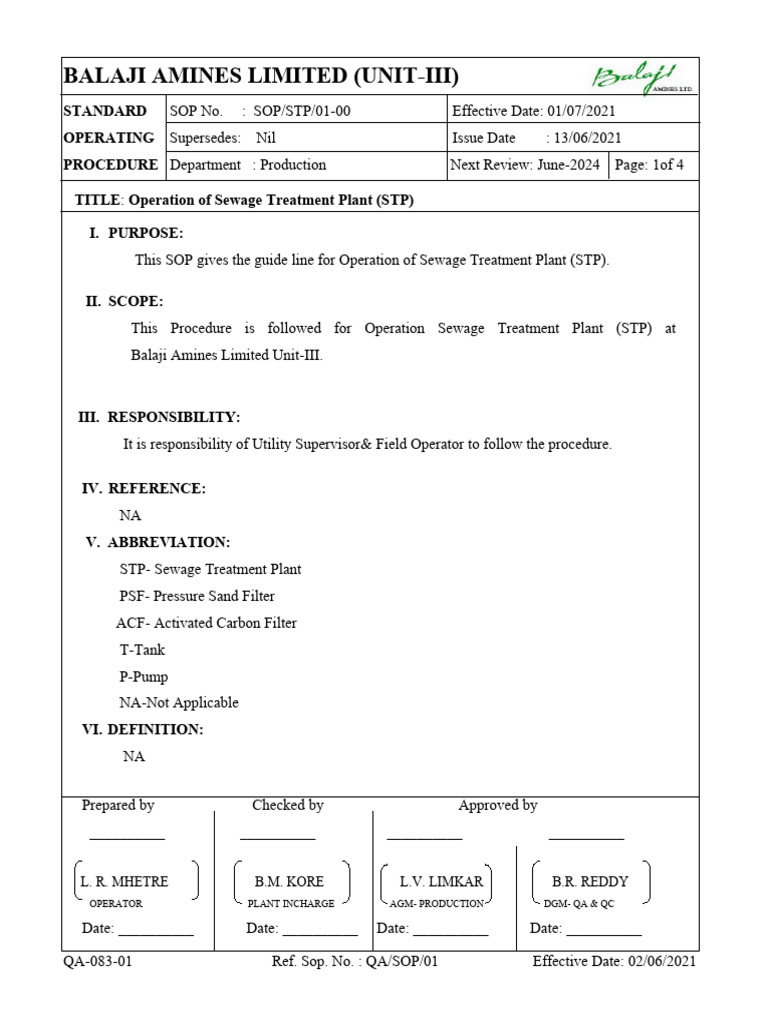 STP Sop | PDF | Filtration | Sewage Treatment