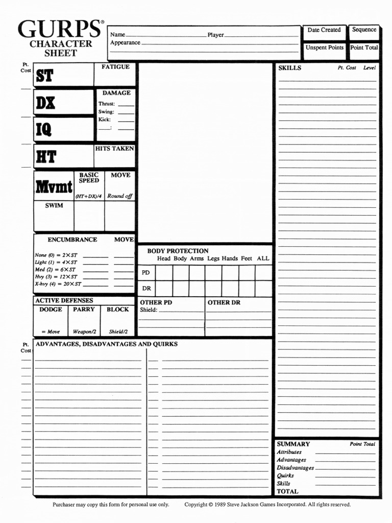 GURPS 3e - PC Sheet (Var) | PDF