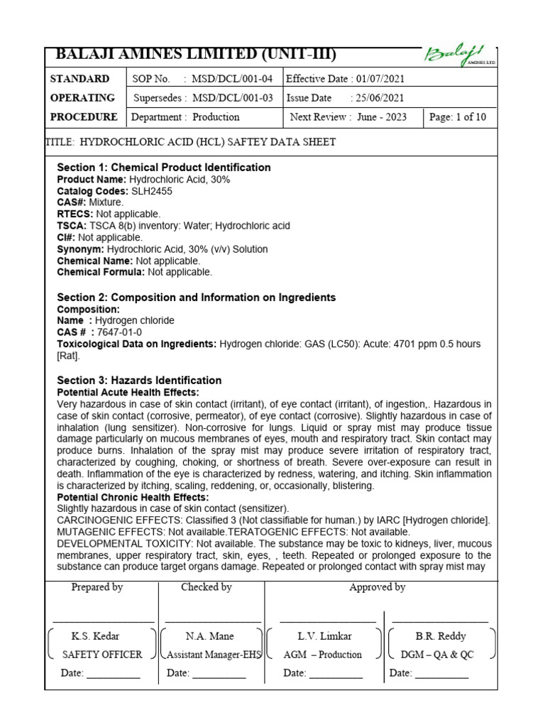 MSDS HCL | PDF | Hydrochloric Acid | Acid