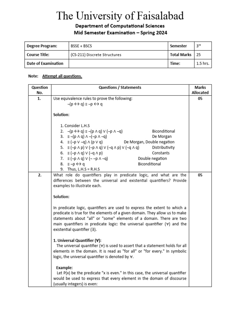 Mid Paper 2 (With Solution) - Discrete Structures | PDF | Logic ...