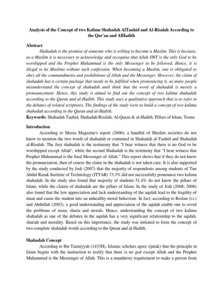 Analysis of The Concept of Two Kalima Shahadah AlTauhid and Al-Risalah ...