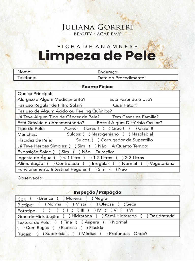 Ficha de Anamnese Limpeza de Pele Juliana Gorreri | PDF