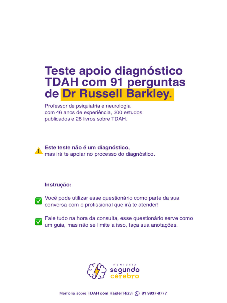 Teste Apoio Diagnóstico TDAH Com 91 Perguntas de DR Russell Barkley ...