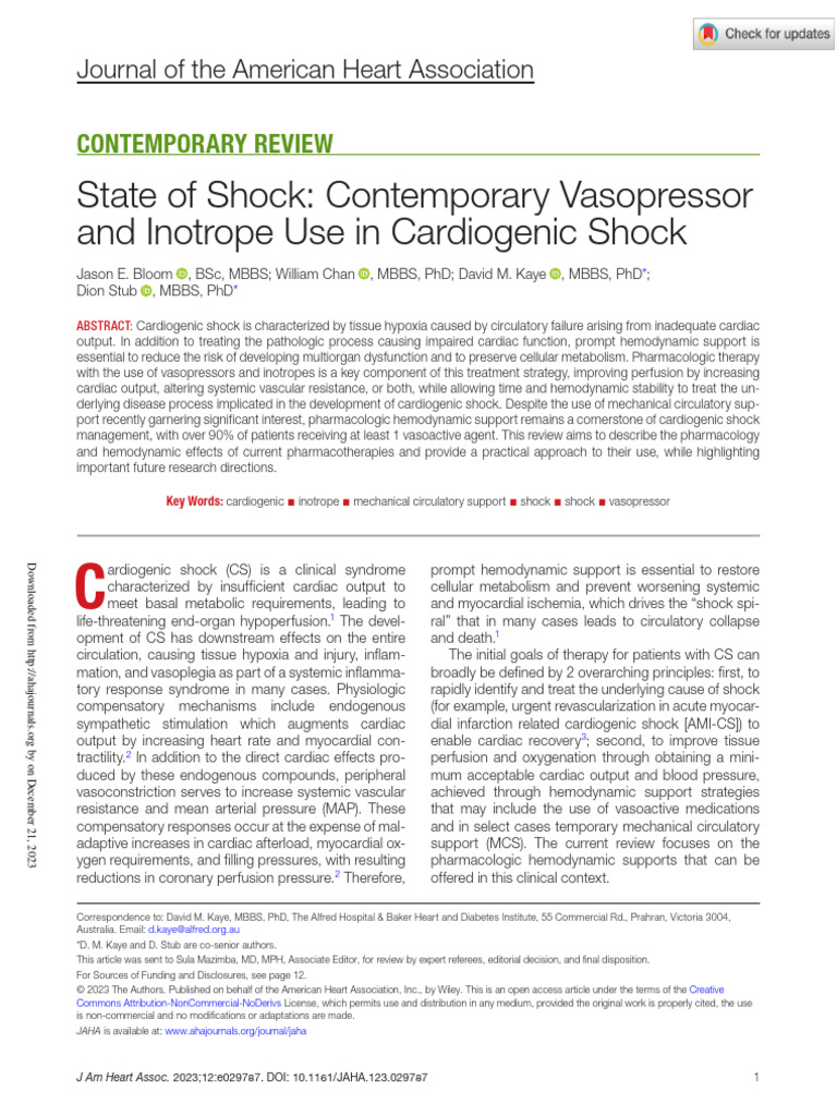 Bloom Et Al 2023 State of Shock Contemporary Vasopressor and Inotrope ...